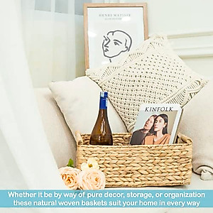 Large Wicker Basket Rectangular with Wooden Handles for Shelves, Water Hyacinth Basket Storage, Natural Baskets for Organizing, Wicker Baskets for Storage 15.5 x 10.8 x 6.2 inches