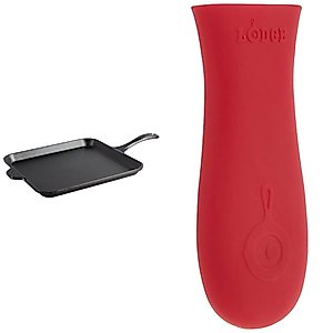 Lodge Cast Iron Square 11" Griddle & Silicone Hot Handle Holder - Red Heat Protecting Silicone Handle for Cast Iron Skillets with Keyhole Handle