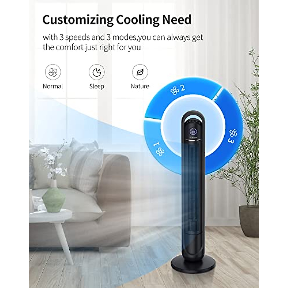 Tower Fan for Bedroom- 45" Oscillating Tower Fan with Remote, Bladeless Fans with 24H Timer, Cooling Fan, 3 Speeds, 3 Modes, LED Display, Standing Floor Fan for Bedroom Living Rooms Home Office, Black