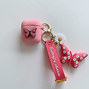 Xbs Airpods Case with Butterfly Pattern, Soft Silicone Butterfly Pendant and Shockproof Dust Plug Cover for Women and Girls, Compatible for Apple Airpods 2&1 Front LED Visible (Pink Butterfly)