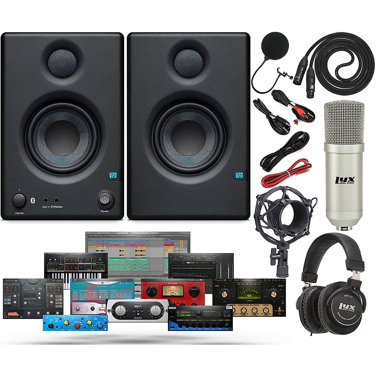 PreSonus Pair of Eris E3.5 BT 2-Way Studio Bluetooth Monitors with Studio One Prime DAW Studio Magic and Plug-in Suite Software Pack and LyxPro Condenser Recording Microphone Kit and Headphones