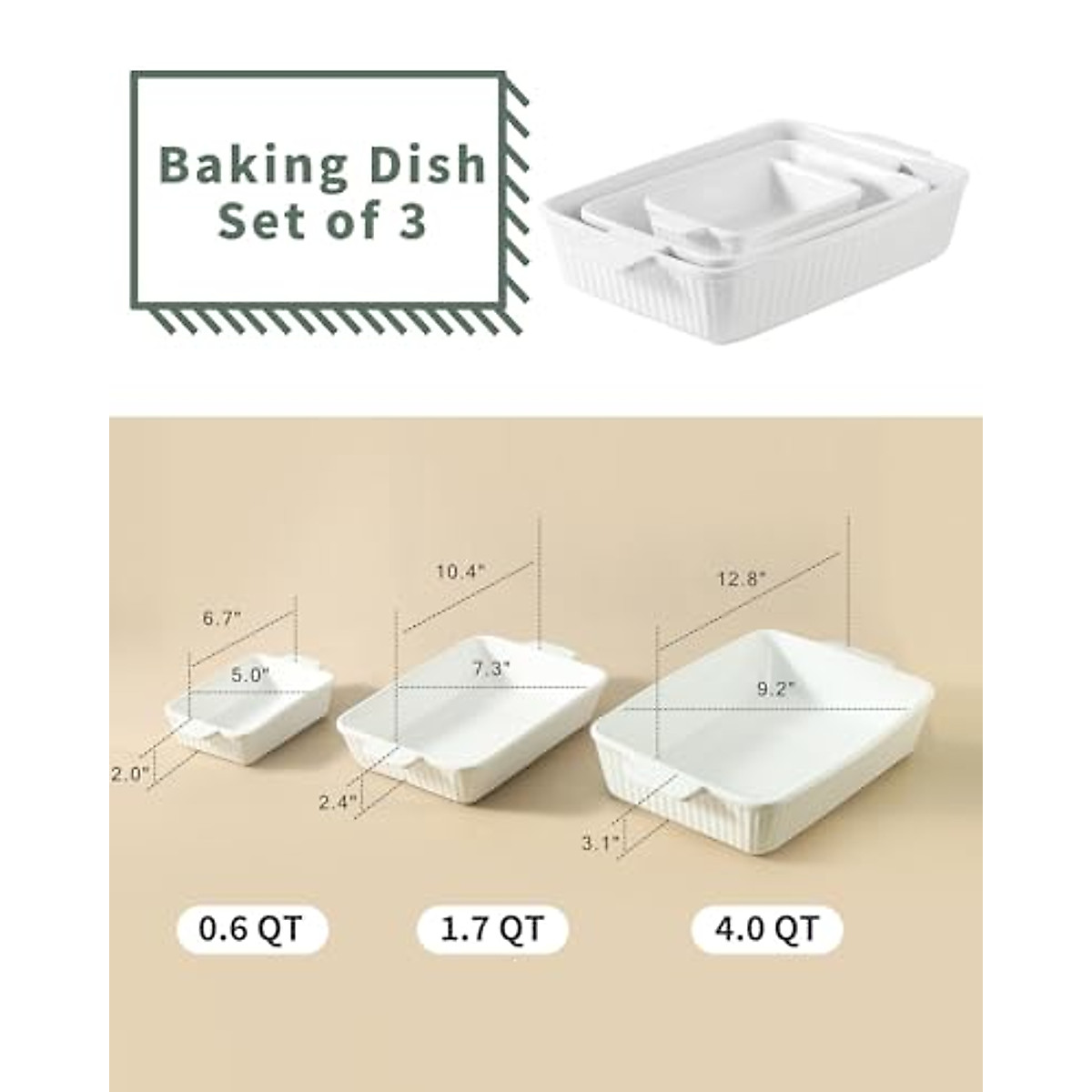 Hasense Rectangular Casserole Dishes for Oven, Ceramic Baking Dish, Baking Pans Set of 3, Lasagna Pan with Handle, Microwave & Dishwasher Safe, Wedding Mother's Day Gift, White(15"/12.2''/8.3'')
