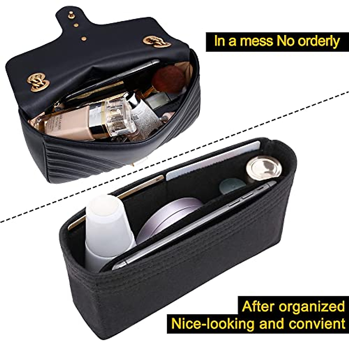 OAikor Felt Mini Purse Organizer Insert for GG Marmont Matelasse Shoulder Bag/MK Jet Set Large Saffiano Handbag Organizer Tote Liner/MJ Snapshot Pouch/TB Mini Miller Inner Bag and More (Mini, Black)