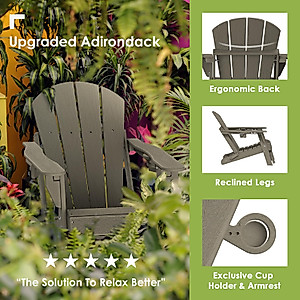 GREENVINES Folding Adjustable Backrest Adirondack Chairs with Ottoman | Set of 2 | Wood Grain | HDPE All-Weather Reclining Firepit Chair | Cup Holders & Footrest | Grey