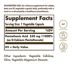 Solgar Pantothenic Acid 550 mg, 100 Vegetable Capsules - Vitamin B5 - Energy Metabolism, Nervous System Support - Gluten Free, Dairy Free, Kosher - 100 Servings