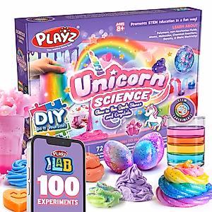 Playz Unicorn Slime & Crystals 100+ Science Experiments Kit Gift for Girls & Boys to Make Glow in The Dark Unicorn Poop, Snot, Fluffy Slime, Crystals, Putty, Arts & Crafts for Kids Age 8-12