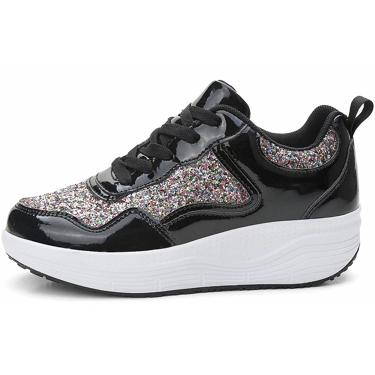 PPXID Women's Platform Sequins Fashion Sneakers Walking Shoes Lightweight Non Slip Running Shoes-Black 7.5 US Size