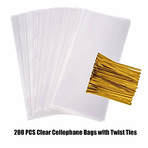 Cellophane Bags 200 PCS Clear Flat Cello Treat Bags Party Favor Bag for Gift Bakery Cookies Candies with 200 Twist Ties (4x9Inch)