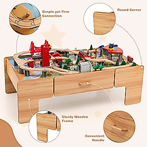 HONEY JOY Train Table, Wooden Kids Activity Table with Storage, 100 Multicolor Pieces, Tracks, Trains, Cars, Toddler Train Table Set with Reversible Tabletop, Gift for Boys Girls Age 3+, Natural