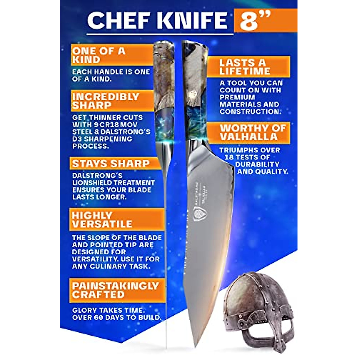 Dalstrong Chef Knife - 8 inch - Valhalla Series - Premium 9CR18MOV HC Steel - Celestial Resin & Wood Handle - Razor Sharp Kitchen Knife - Professional Use - w/Leather Sheath