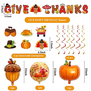 Trgowaul Happy Thanksgiving Day Decorations, 29pcs Orange thanksgiving Party Supplies, Give Thanks Banner Backdrop, Hanging Swirls&Paper Fan Flower Swirl Autumn Balloons, Fall Party Decorations Set