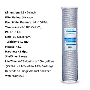 Geekpure Whole House Water Filtration System with 20-Inch Big Clear Housing and 4.5"x20" 5 Micron Carbon Block Filter