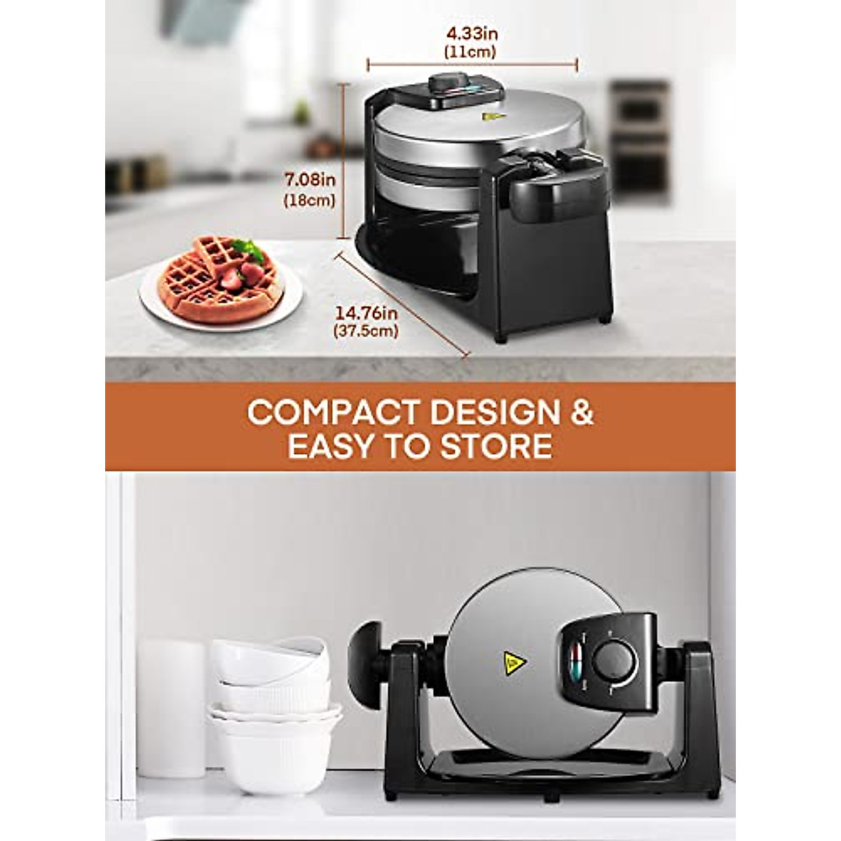 Waffle Maker 1100W, 180° Flip Belgian Waffle Iron with Nonstick Plates, Classic 1" Deep Waffles, Included Recipe, Removable Drip Tray, Browning Control, Stainless Steel