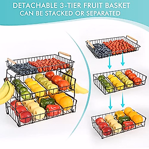 HOUMESO 3-Tier Countertop Fruit Basket Bowl with Banana Holder for Kitchen Beveled Detachable Fruit Vegetable Holder Storage Stand for Sorting Fruits