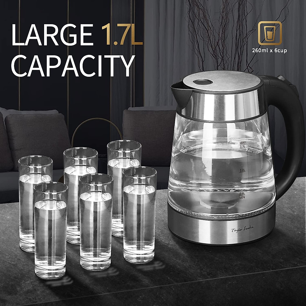 Small Glass Kettle Electric, Compact Mini Sized Electric Hot Water Kettle for Tea and Coffee 1L Black Taylor Swoden