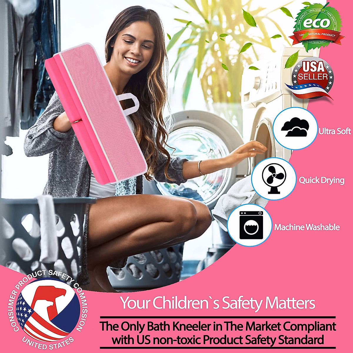 Supa Ant Baby Bath Kneeler and Elbow Rest Pad Set - The Bathtub Kneeler and Elbow Rest Set with Built-in 5 Pockets Organizer (8-Suction Cup) Bath Kneeling Pad for Bathing Baby - Pink