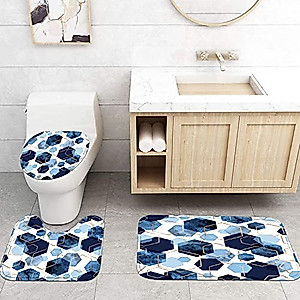 LQCOOL 4Pcs Blue Shower Curtain Set Modern Art Geometric Bathroom Set Navy Blue Abstract Bathroom Curtain Set with 12 Hooks, Bathroom Carpet Bath Mat and Toilet Rugs