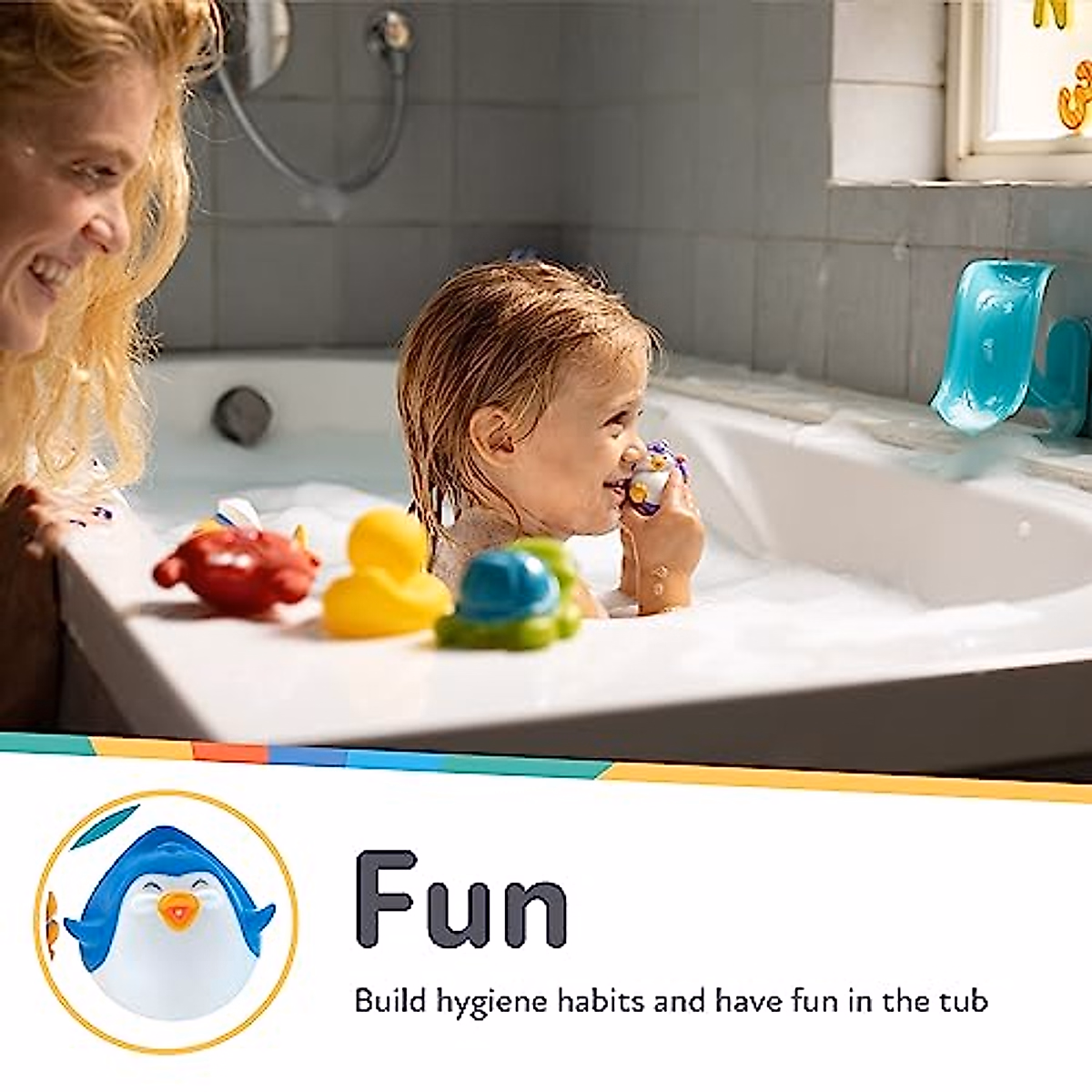 Nuby Penguin Slide Bath Toy Play Set with 4 Bath Squirters - Baby Bath Toys for Boys and Girls 12+ Months - Suction Cup Toy Attaches to Shower Wall