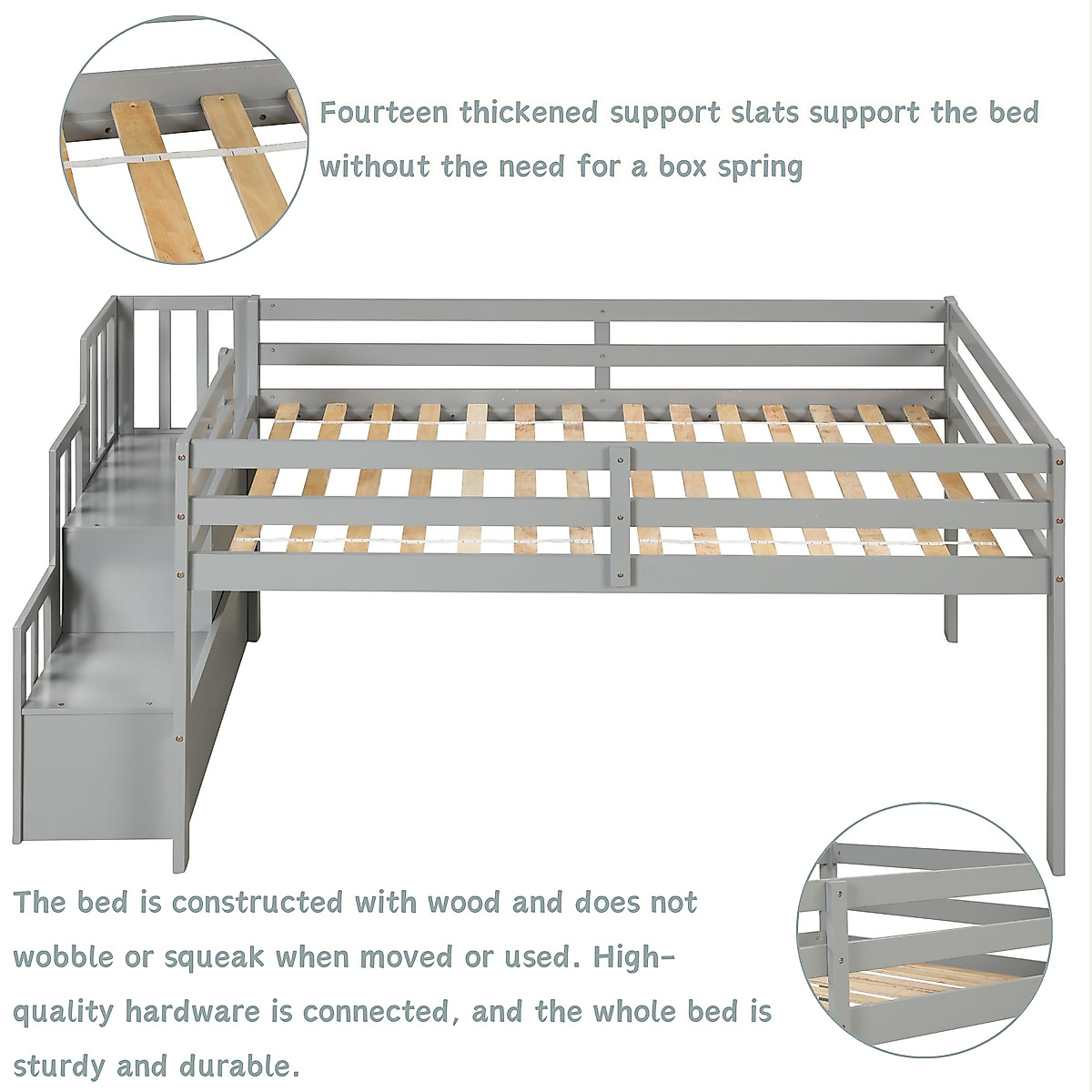 CITYLIGHT Low Loft Bed with Staircase,Twin Size Kids Loft Bed with Step Storage,Wood Loft Bed Frame Twin with Safety Guardrails for Girls, Boys,Grey