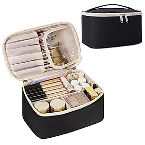 Narwey Travel Makeup Bag with Brush Compartments, Portable Cosmetic Bag, Make up Bag Makeup Organizer Case with Brush Storage for Women (Black-1)