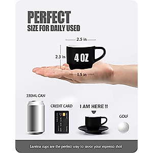 Lareina Porcelain Stackable Espresso Cups with Saucers, Spoons and Metal Stand 4 Ounce Small Cappuccino Coffee Cups Set of 6 - Ceramic Demitasse Cups for Nespresso Lungo, Double Espresso, Black