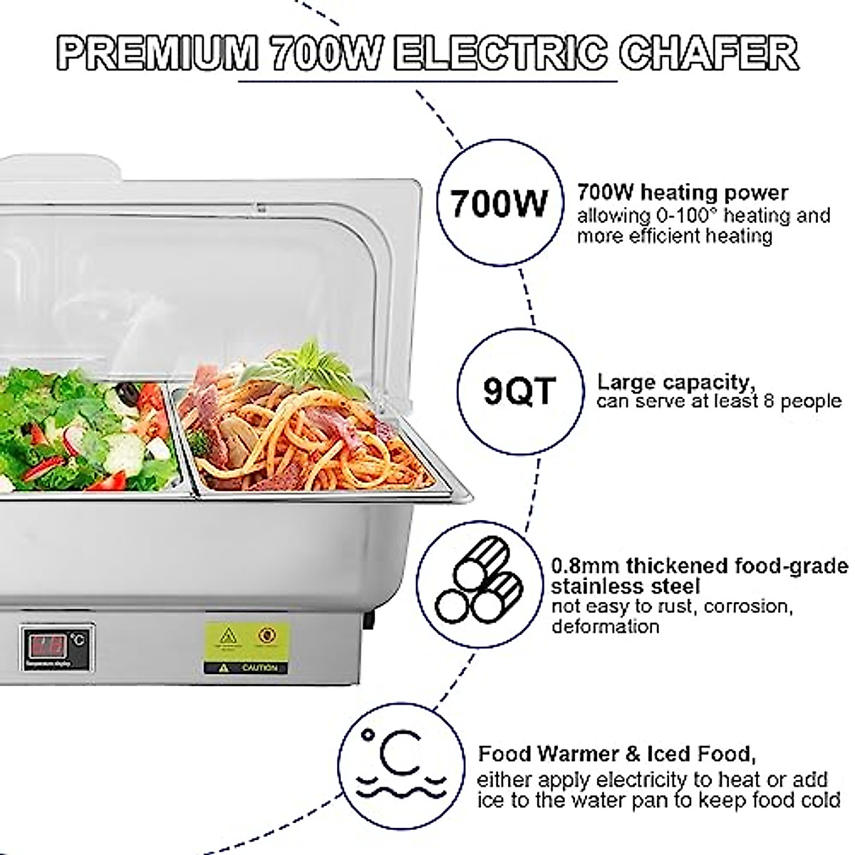 THXSUN 700W Electric Chafing Dish, 3 x 3QT Stainless Steel Chafing Dish Buffet Set with Rotary Knob to Adjust Temp 0°C~100°C, Buffet Servers and Warmers with Roll Top & Temp Display for Catering Party