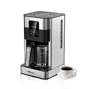 Homtone Coffee Maker 12 Cup Programmable, Anti-Drip Digital Coffee Machine, Brew Strength Control Coffee Maker for Hot Coffee, Stainless Steel, LCD Touch Screen, Permanent Filter, 1000W
