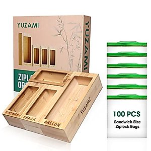 Yuzami Ziplock Bag Organizer , Bamboo Drawer Organizer , 4 Separate Baggie Organizer Storage Bag Organizer, also Includes 100 PCS Sandwich Ziplock Bags, Bag Storage Organizer for Kitchen Drawer
