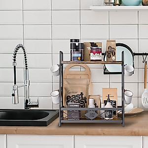 LOTEYIKE 2 Tier Coffee Cup Holder for Countertop, Coffee Mug Organizer with 12 Hook, Coffee Mug Holder, Metal Coffee Mug Shelf for Coffee Bar Kitchen, Black