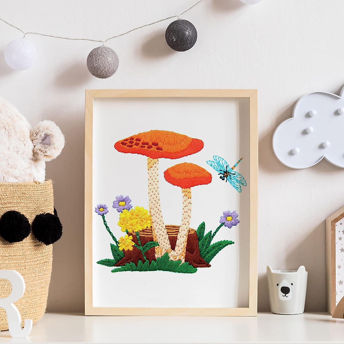 5 Sets Embroidery Starter Kit with Patterns and Instructions Mushroom Cross Stitch Set for Beginners DIY Adult Kids Beginner Cross Stitch Set with Mushroom Pattern Embroidery Hoops Needles Threads