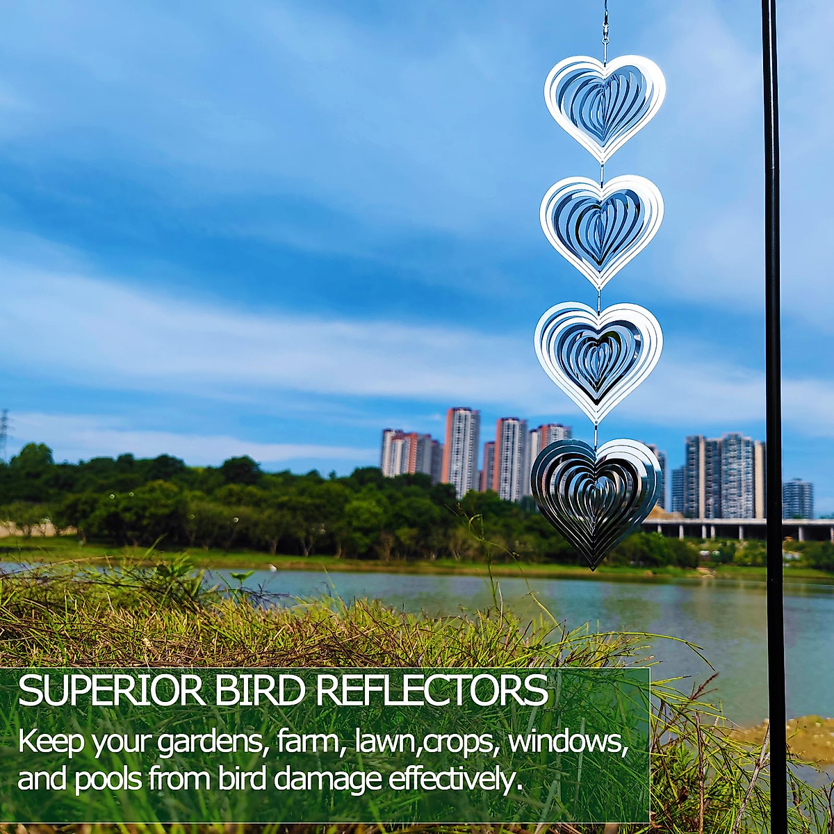 DJUAN Heart Bird Scare Discs Set-Highly Reflective Double-Sided Bird Reflectors,Extra Sparkly Metal Wind Spinner Outdoor Garden Decor, Bird Devices Deterrent to Scare Birds Away from Yard Patio Farm
