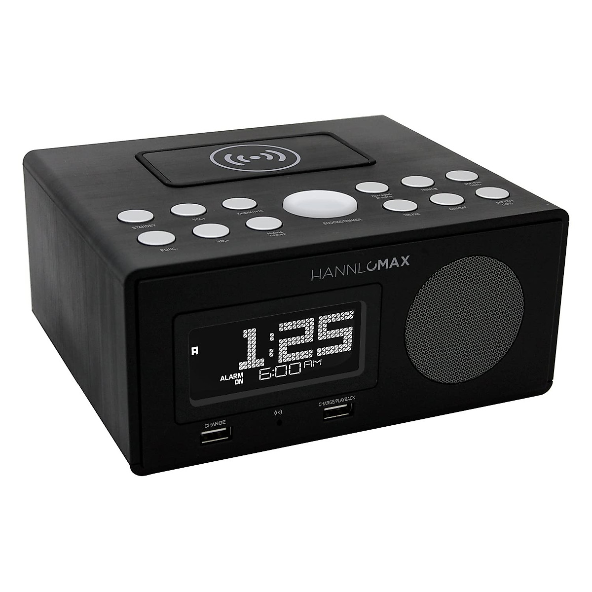 HANNLOMAX HX-202Qi Alarm Clock Radio, Wireless Charging, Bluetooth, 10W Output Power, Dual USB Ports for Charging and MP3 Playback, Temperature, Nightlight, Time Zone, Aux-in. (Black)