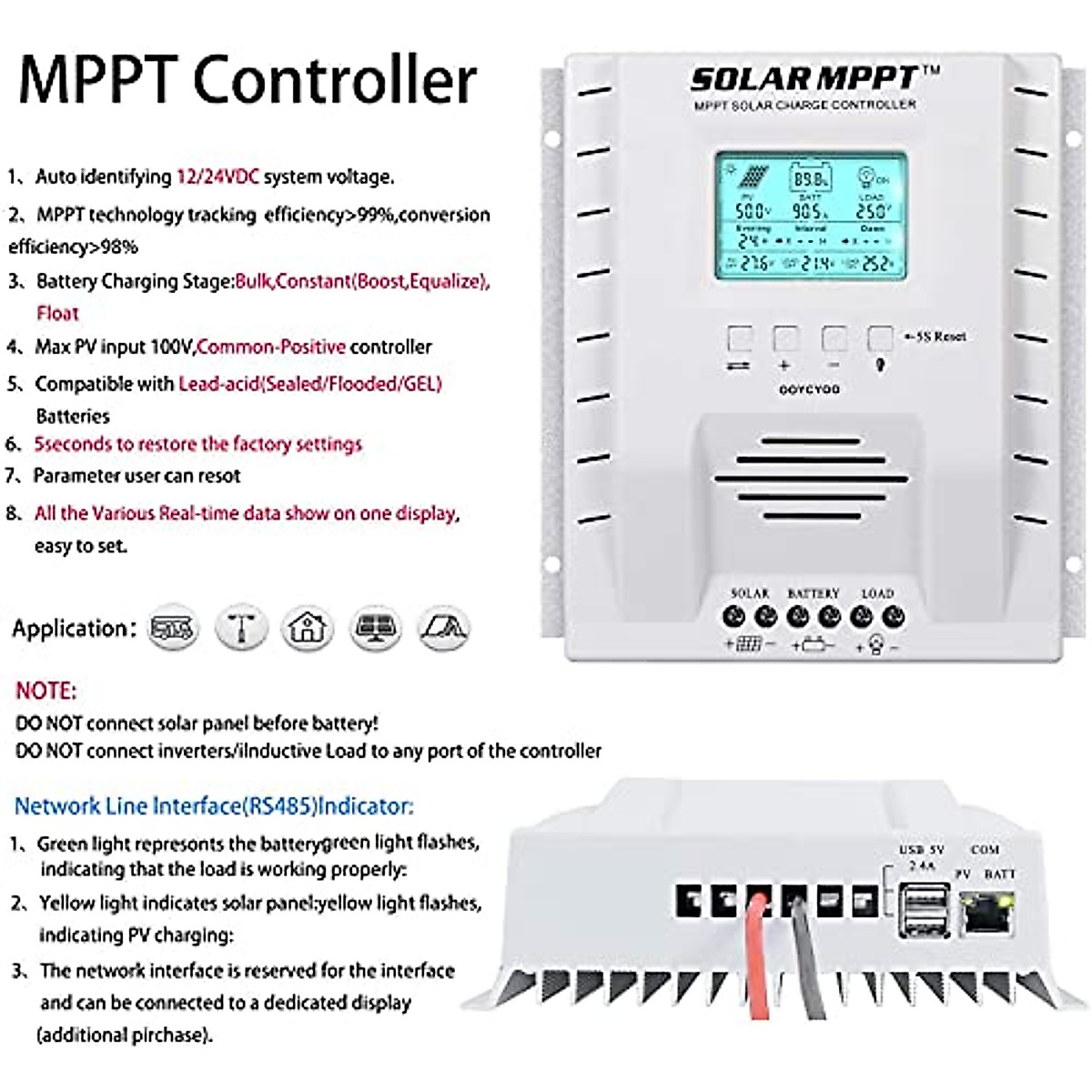 First Solar MPPT Charge Controller 40 amp, 12V 24V Auto 40A Solar Panel Charge Regulator, Max 100V Input with LCD Display for Lead-Acid Sealed Gel AGM Flooded Lithium Battery(MPPT 40A)