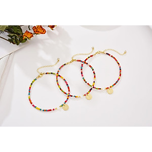 Wremily Initial Anklets for Women Handmade Beaded Ankle Bracelets 14K Gold Letter Initial Heart Anklet Boho Colorful Beads Ankle Bracelets Summer Beach Foot Jewelry Gift