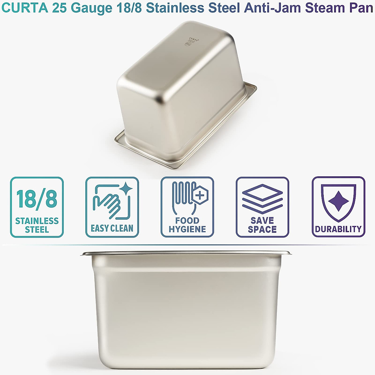 CURTA 6 Pack Anti-Jam Slotted Hotel Pans with Lids, 1/4 Size 2 1/2 Inch Deep, NSF Commercial 18/8 Stainless Steel Chafing Steam Table Food Pan with Covers