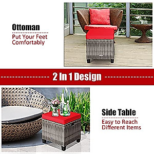 Tangkula 2 Pieces Patio Rattan Ottomans, Outdoor Wicker Footstool Footrest Seat with Soft Cushions and Steel Frame, All-Weather Patio Ottoman Set for Backyard Garden Poolside (Red)