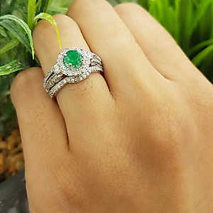 Dazzlingrock Collection 14k Round Emerald & White Diamond Women Halo Bridal Engagement Ring Set, White Gold, Size 5.5