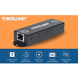 Intellinet 1-Port Indoor Gigabit PoE+ Extender Repeater – 25W Power Budget via Cat5e Cat6 RJ45 Ethernet Network Cables, Daisy-Chain – 3 Yr Mfg Warranty - 560962