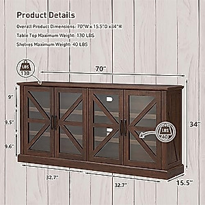 SinCiDo Modern Farmhouse TV Stand for 80 Inch TVs, 34" Tall Entertainment Center w/4 Glass Barn Door, Large Wood Storage Cabinet w/Shelves & Cable Management for Living Room, 70inch, Brown