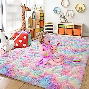 Chicrug Cute Rainbow Area Rug for Girls Bedroom, 4x6 Feet Fluffy Kids Rug for Room Decor, Shag Soft Dorm Playroom Rug, Bedside Rug for Baby Nursery Room