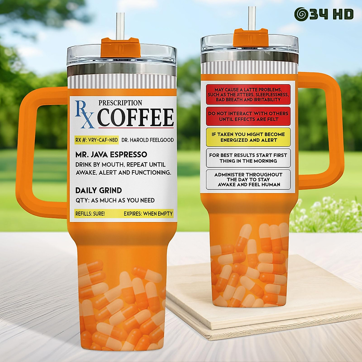 34HD Rx Prescription Tumbler with Handle and Straw, 40oz Prescription Coffee Cup, Coffee Lovers Gifts, Funny Medical Gifts for Phamarcists, Nurses, Doctors, Hospital Workers