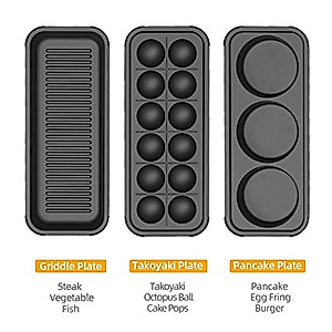 HeHoGoGo Multifunctional Electric Griddle Electric Grill Nonstick Baking Maker with 3 Interchangeable Pans Takoyaki Maker Cake Pop Maker Mini Pancake Maker Fried Steak