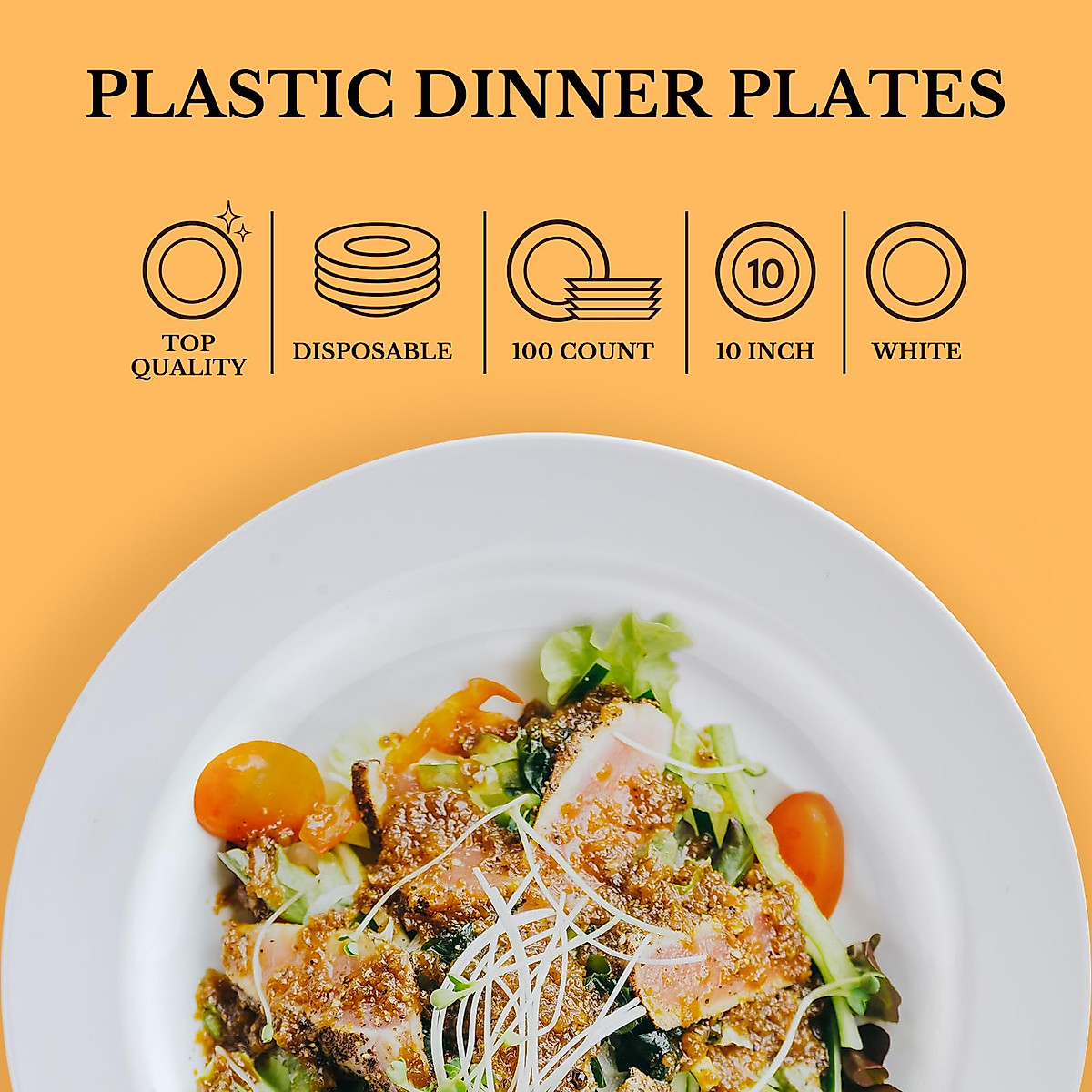 FOCUSLINE 100 Count White Plastic Plates 10 Inch, Disposable Heavy Duty Plastic Dinner Plates- Premium Hard Plastic Plates Fancy Disposable White Plates for Weddings, Parties and Events