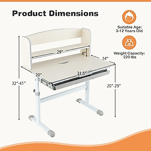 Costzon Kids Desk, Height Adjustable Children Study Desk with Tilt Desktop, Storage Drawer, Hutch, Scale Ruler, Student Writing Table School Desk for Boys Girls Bedroom, Desk for Kids (Grey)