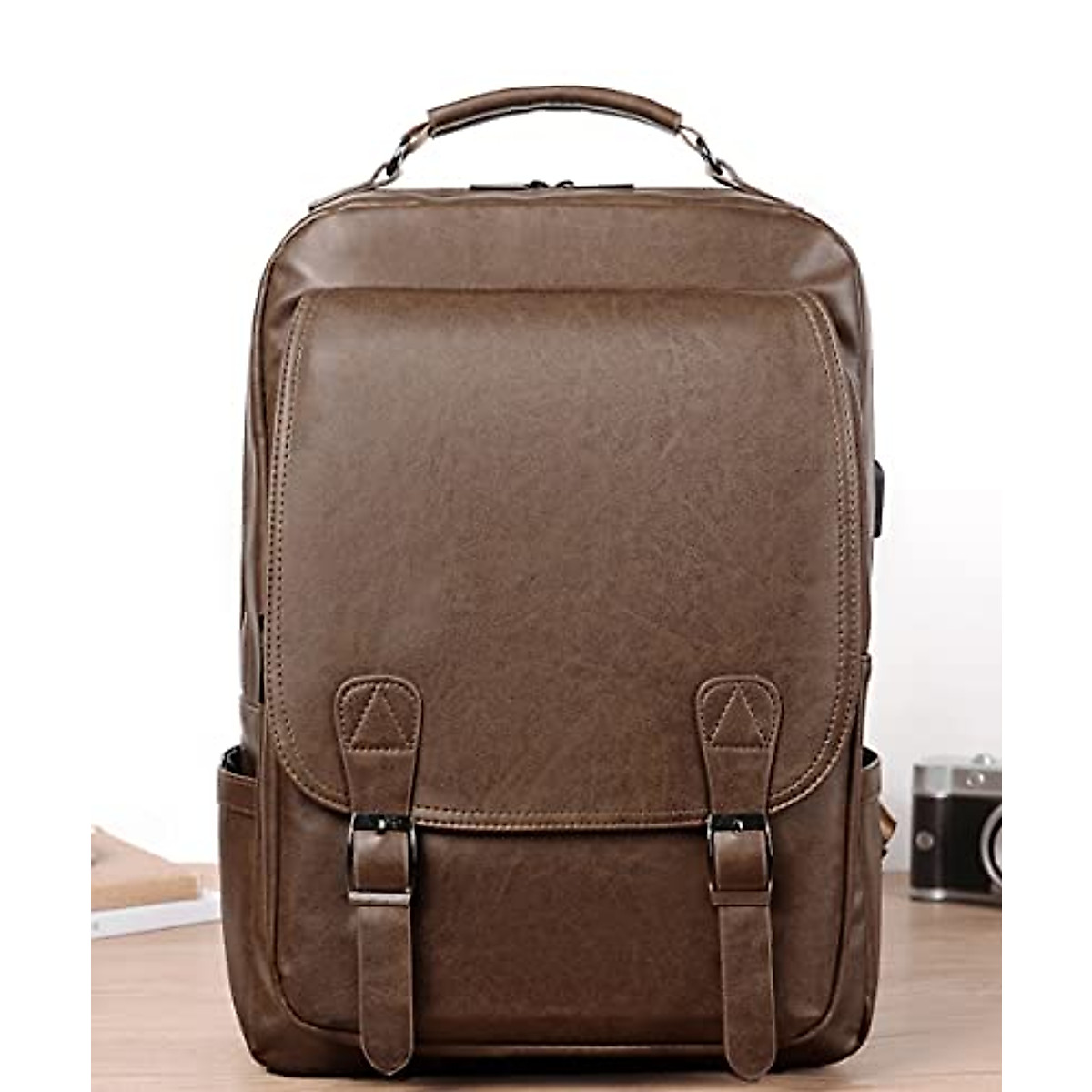 AKAKA Men Brown Outdoor Backpack Imitation Leather Weekend Bag Leisure Bag Carrying Backpack Old Fashion Traveling Laptap Backpack with USB Port.