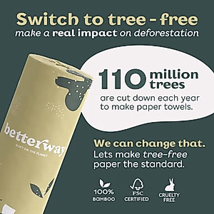 Betterway Bamboo Paper Towels - 6 Rolls, 2 Ply - Plastic Free, Disposable Kitchen Paper Towels - Select Size, Tree Free, Compostable, Strong & Absorbent - Sustainable Product w/Eco Friendly Packaging