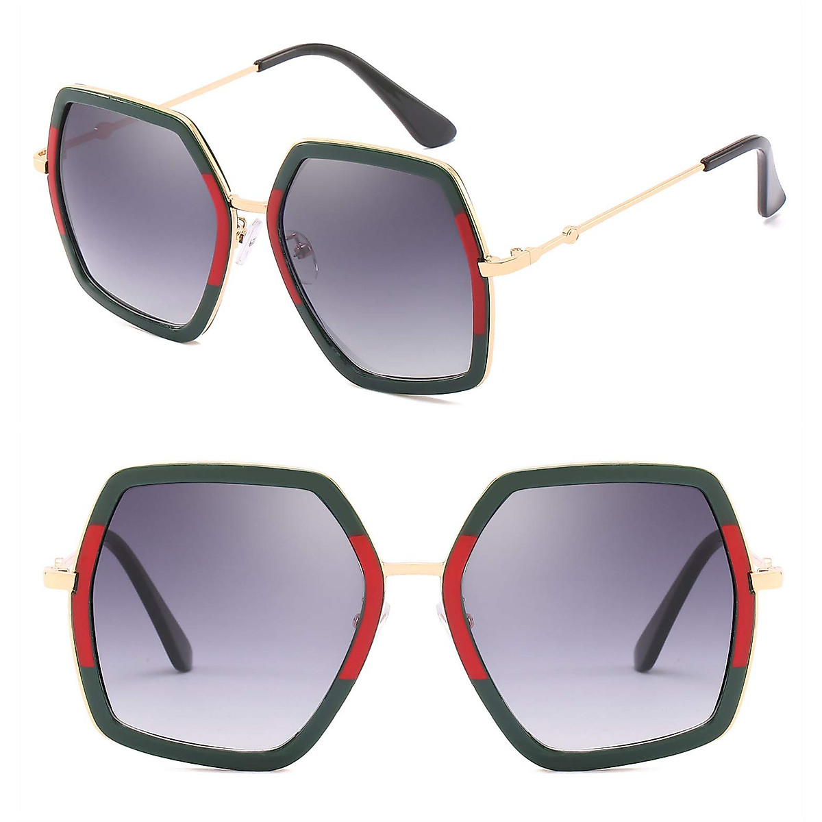 iKANOO Oversized Square Sunglasses for Women Hexagon Inspired Designer Style Shades (Red&green)