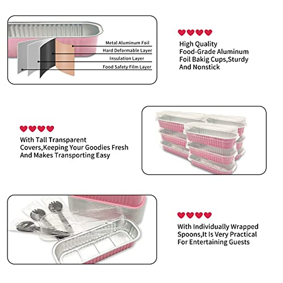 OYEL Mini Cake Pans With Lids 50 Pack, 6.8oz Disposable Rectangle Aluminum Foil Baking Pans,Aluminum Foil Long Baking Cups,cake Liners,Used for Cake Bakery Wedding Birthday Family Party - Pink