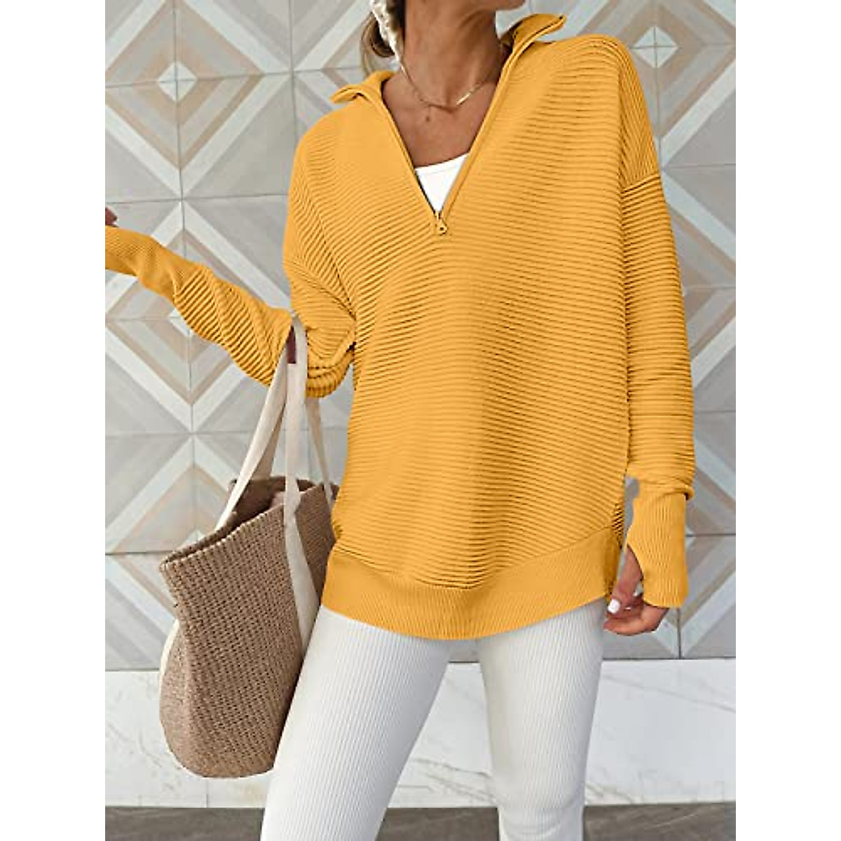 ANRABESS Women's 2025 Fall Long Sleeve Half Zip Casual Oversized Ribbed Knit Pullover Sweater Top Thumb Hole Trendy Outfits Yellow X-Large