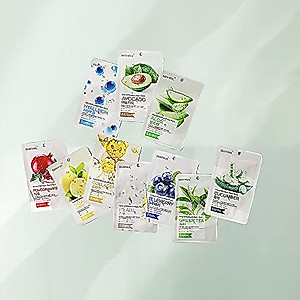 EUNYUL [PACK OF 10] Natural Sheet Mask Pack 10 types Korean Skincare Facial Mask Pack Aloe, Collagen, Pearl, Hyaluron, Avocado, Pomegranate, Vitamin, Blueberry, Green Tea, Cucumber